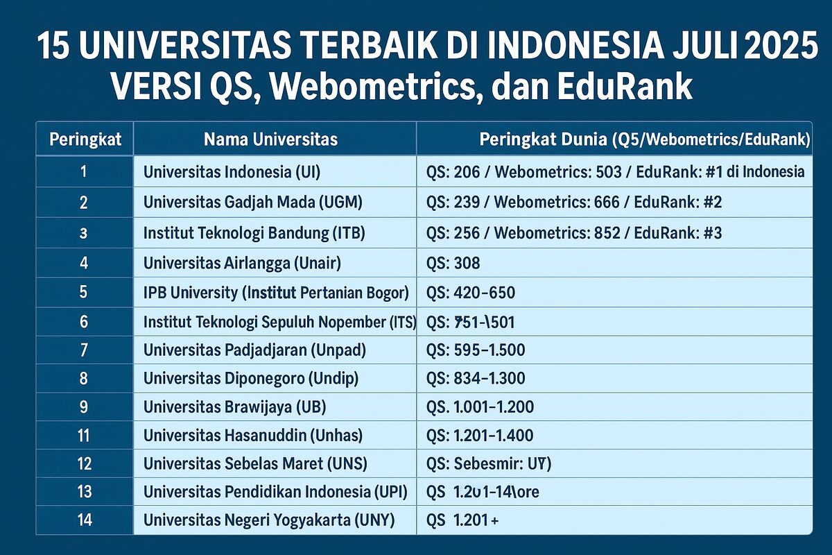 15 Universitas Terbaik di Indonesia Juli 2025 Versi QS, Webometrics, dan EduRank